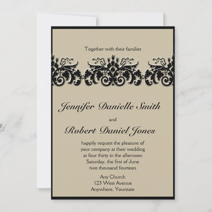Black and Cream Floral Embossed Wedding Invitation | Zazzle