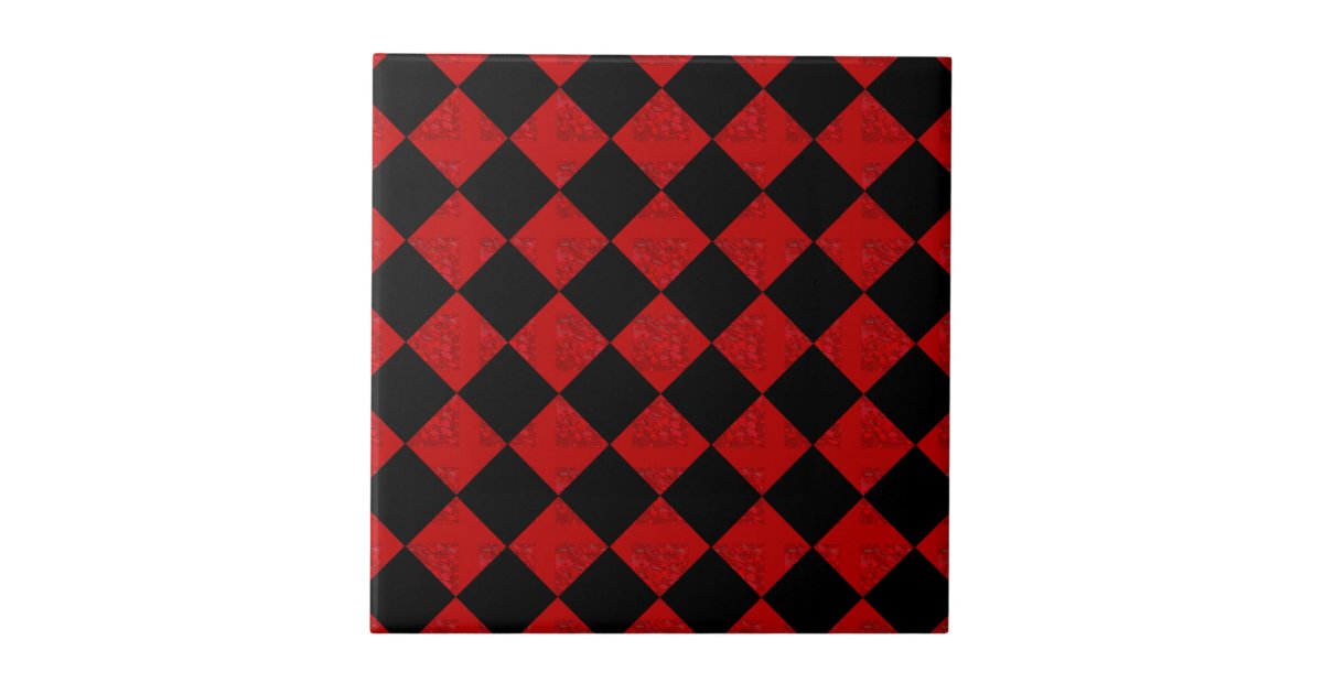 Black and crimson red diamond checker pattern ceramic tile | Zazzle