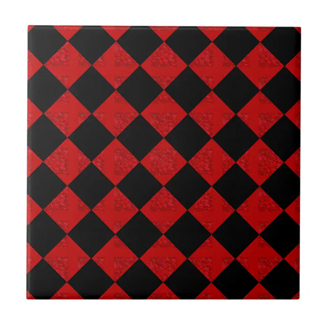 Black and crimson red diamond checker pattern ceramic tile | Zazzle