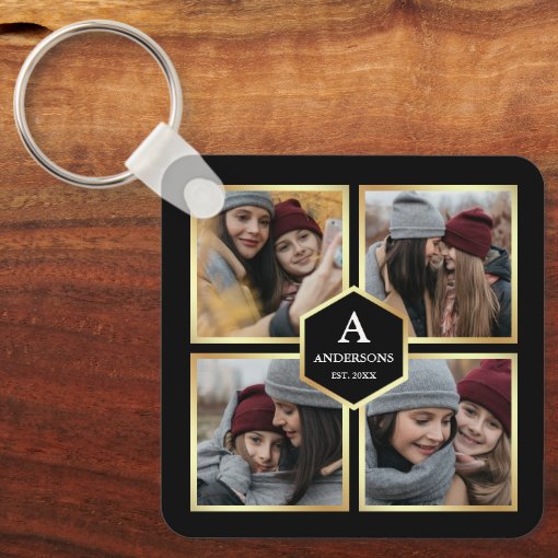 Black and Gold 4 Pictures Family Photo Collage Keychain | Zazzle