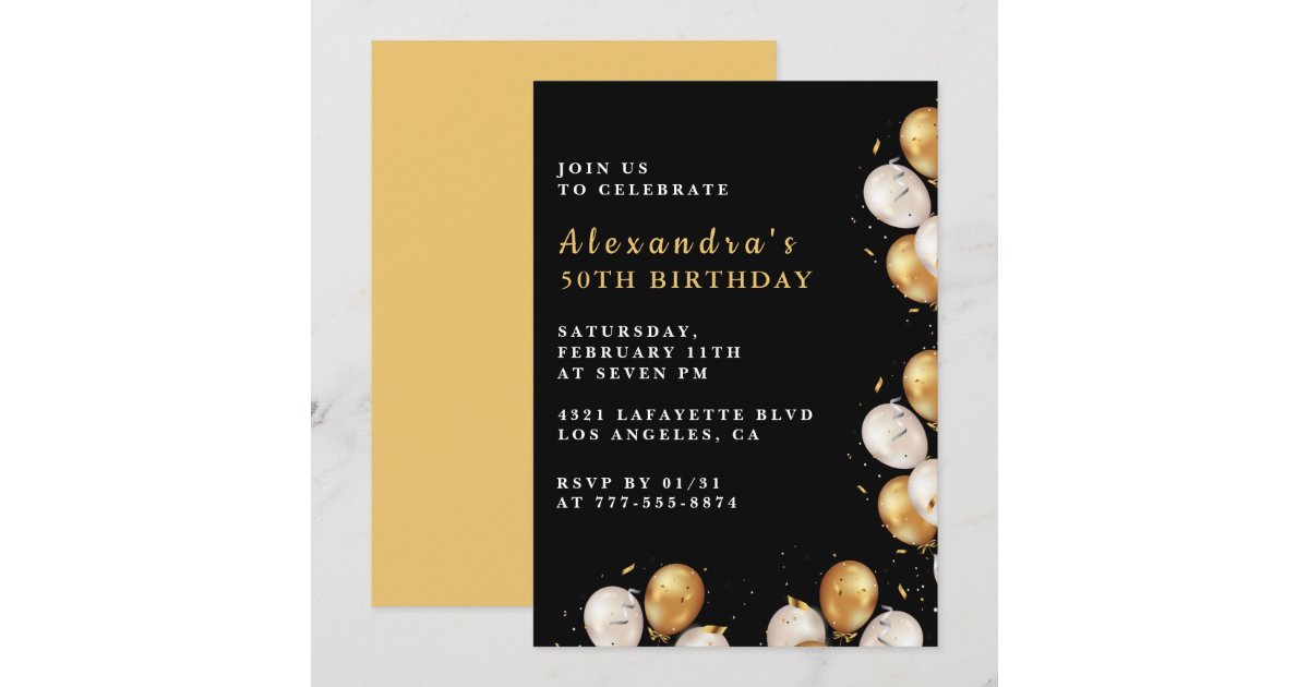 Black and gold 50th birthday invitations Balloon | Zazzle