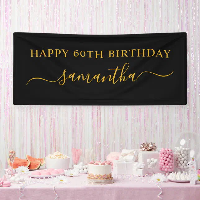 Black and Gold 60th Birthday Elegant Swash Name Banner | Zazzle