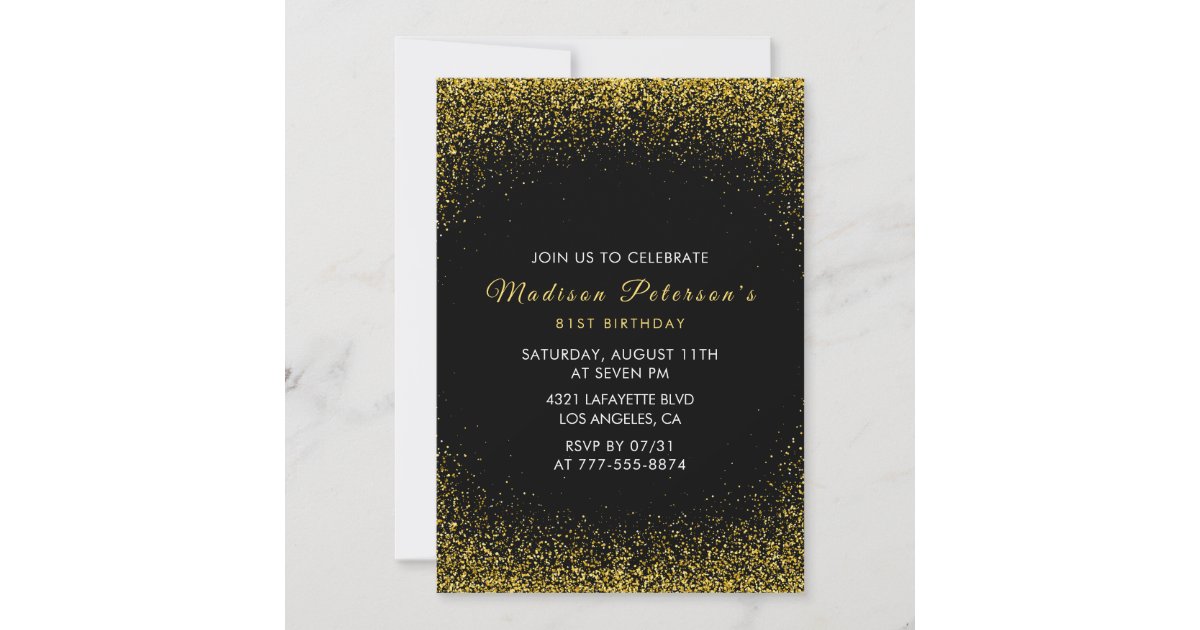 Black and Gold 81st birthday Glam Glitter Invitation | Zazzle