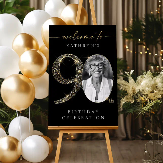 Black and Gold 90th Birthday Welcome Sign Template | Zazzle
