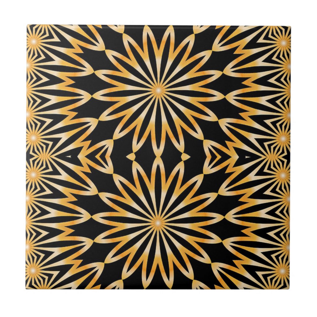 Black and Gold Arabesque Kaleidoscope Mosaic Ceramic Tile | Zazzle