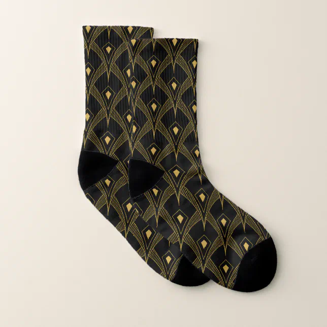 Black and gold art-deco geometric pattern socks | Zazzle