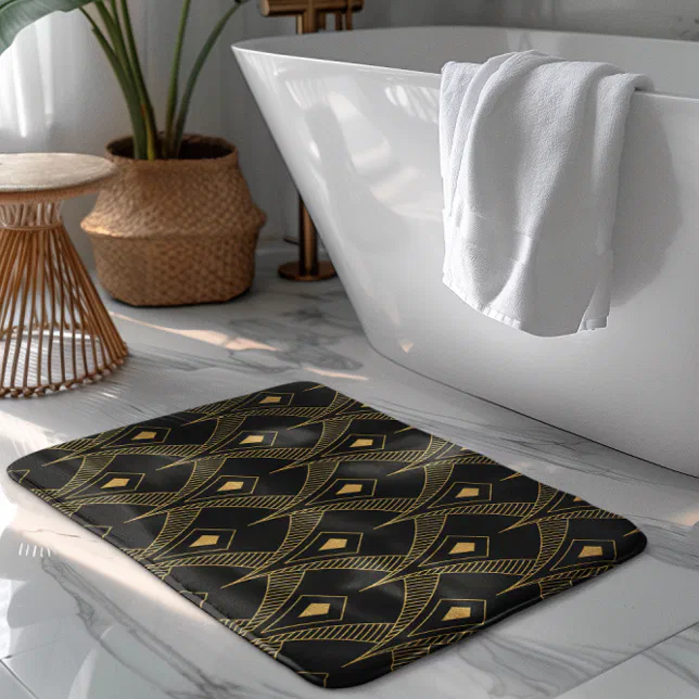 Black and gold art-deco pattern bath mat | Zazzle