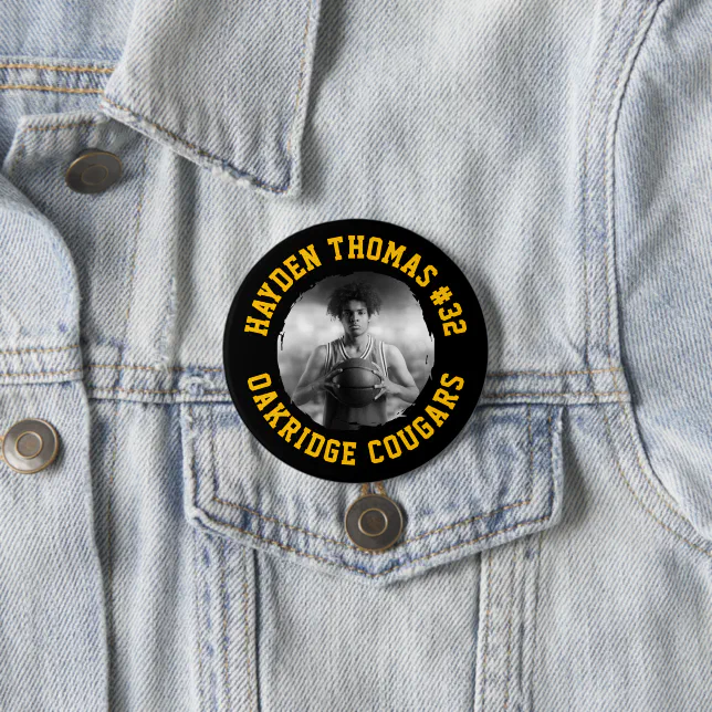 Black and Gold Athlete Name Jersey Number Photo Button | Zazzle