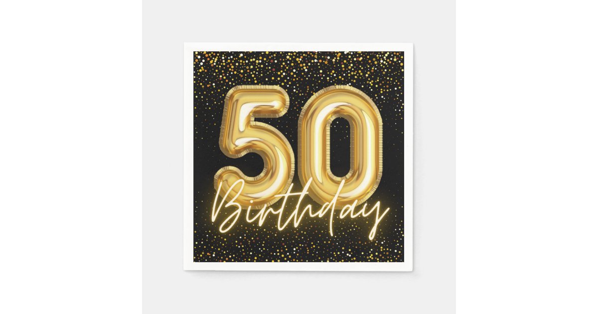 Black And Gold Balloon Numbers 50th Birthday Party Napkins | Zazzle
