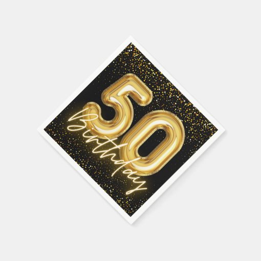 Black And Gold Balloon Numbers 50th Birthday Party Napkins | Zazzle