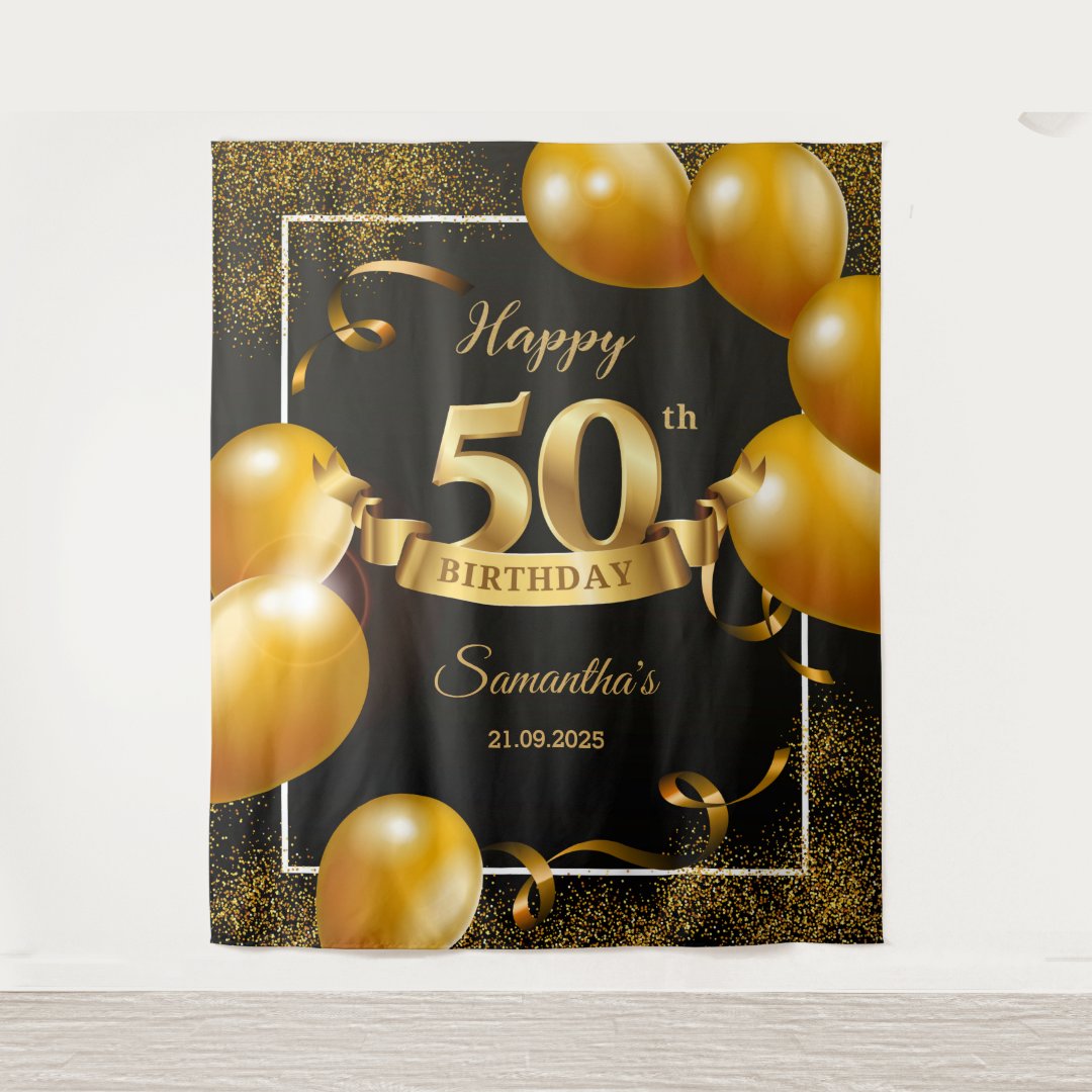 Black and gold balloons 50th birthday backdrop | Zazzle