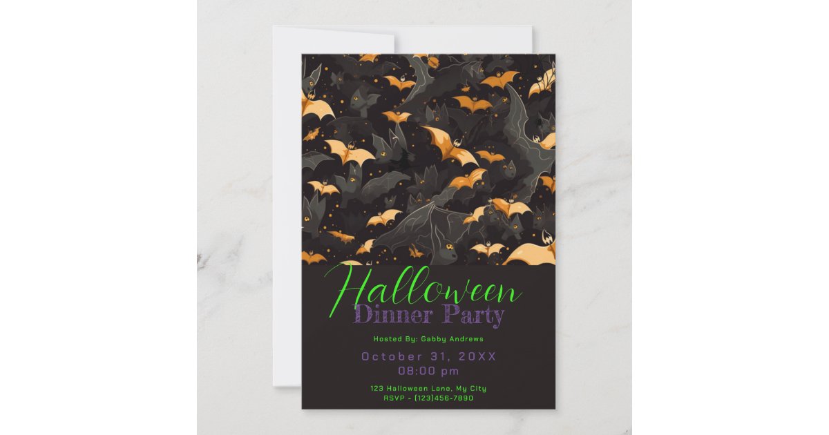 Black and Gold Bats Halloween Dinner Party Invitation | Zazzle