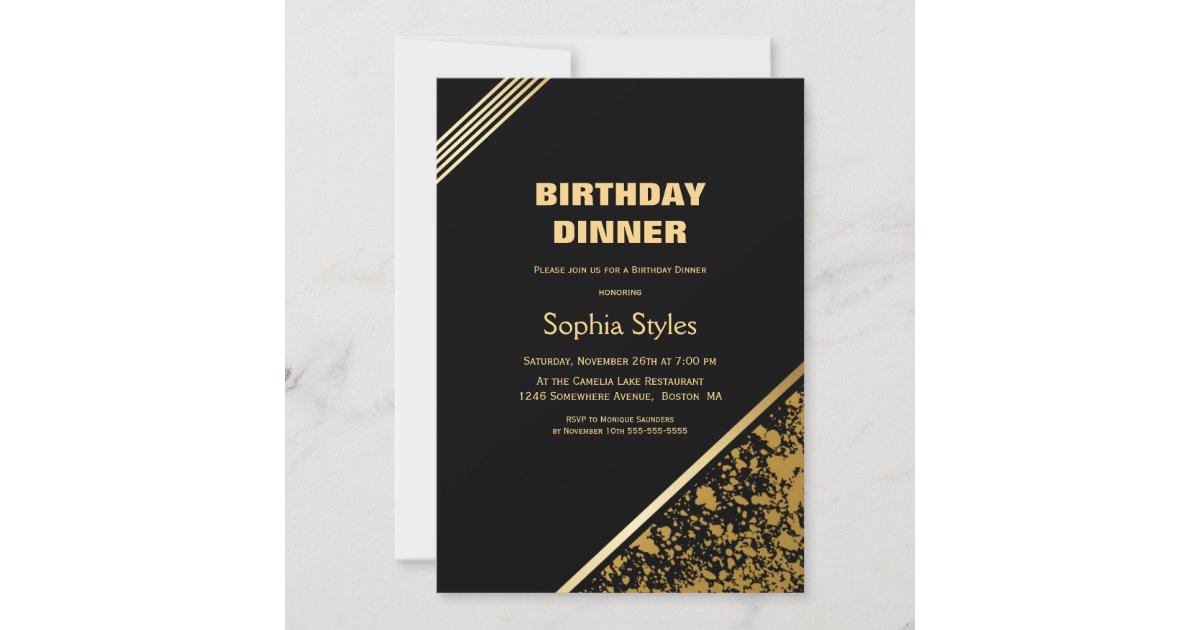 Black and Gold Birthday Dinner Party Invitation | Zazzle