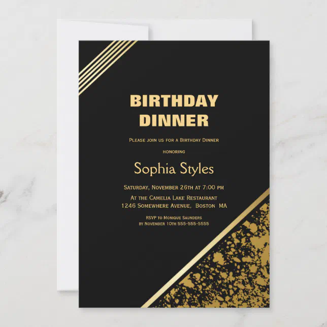 Black and Gold Birthday Dinner Party Invitation | Zazzle