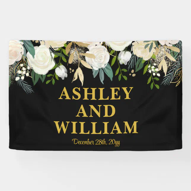 Black and Gold Boho Bohemian Chic Greenery Wedding Banner | Zazzle