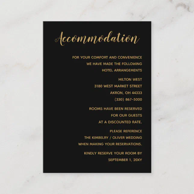 Black and Gold Calligraphy accommodation card | Zazzle