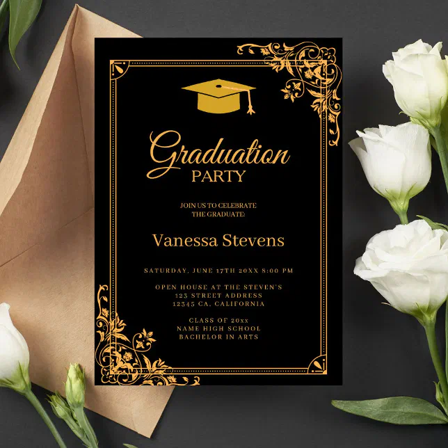 Black And Gold Classic Graduation Cap Party Invitation | Zazzle