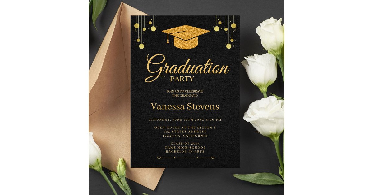 Black And Gold Classic Graduation Cap Party Invitation | Zazzle