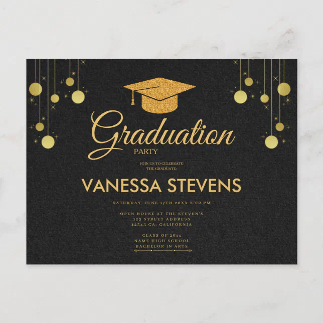 Black And Gold Classic Graduation Cap Party Invitation Postcard | Zazzle
