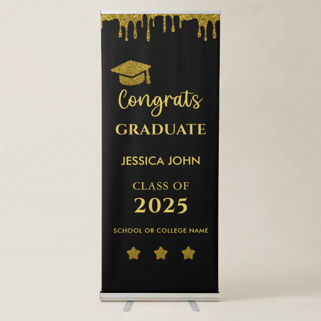 Black and Gold Congrats Graduate Graduation Retractable Banner | Zazzle