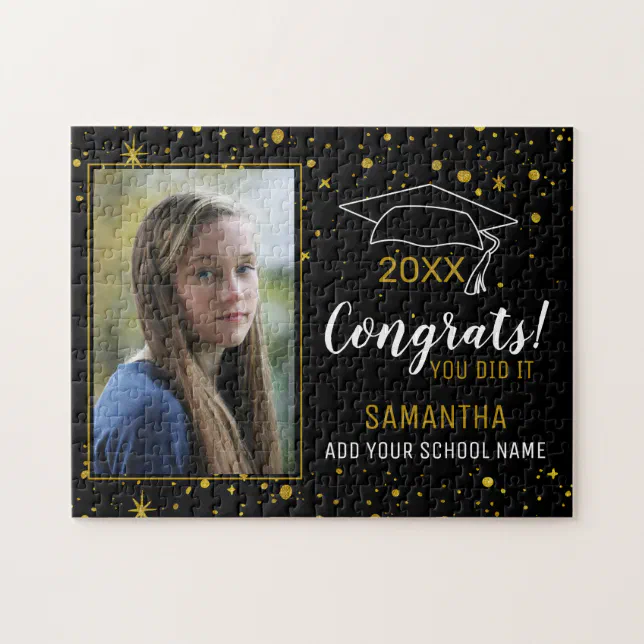 Black And Gold Congrats Graduate Photo Graduation Jigsaw Puzzle | Zazzle