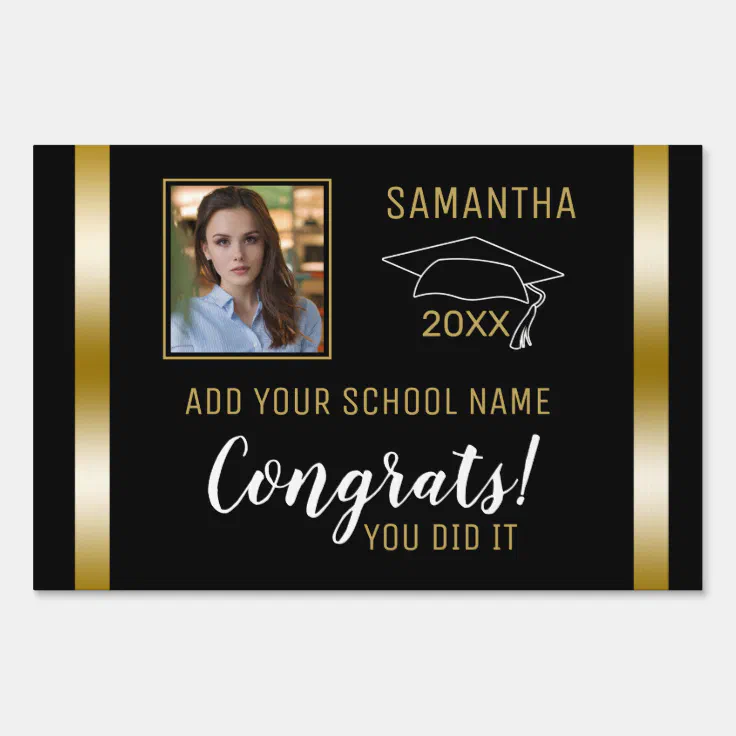 Black And Gold Congrats Graduate Photo Graduation Sign | Zazzle