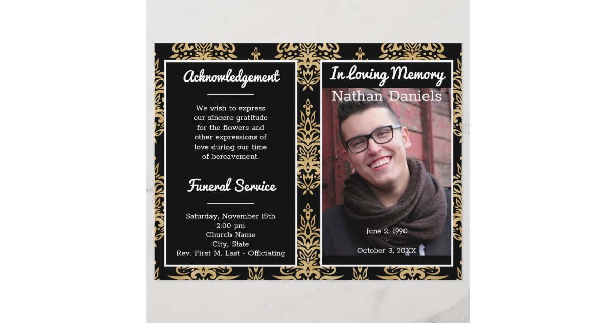 Black And Gold Damask Photo Funeral Program | Zazzle