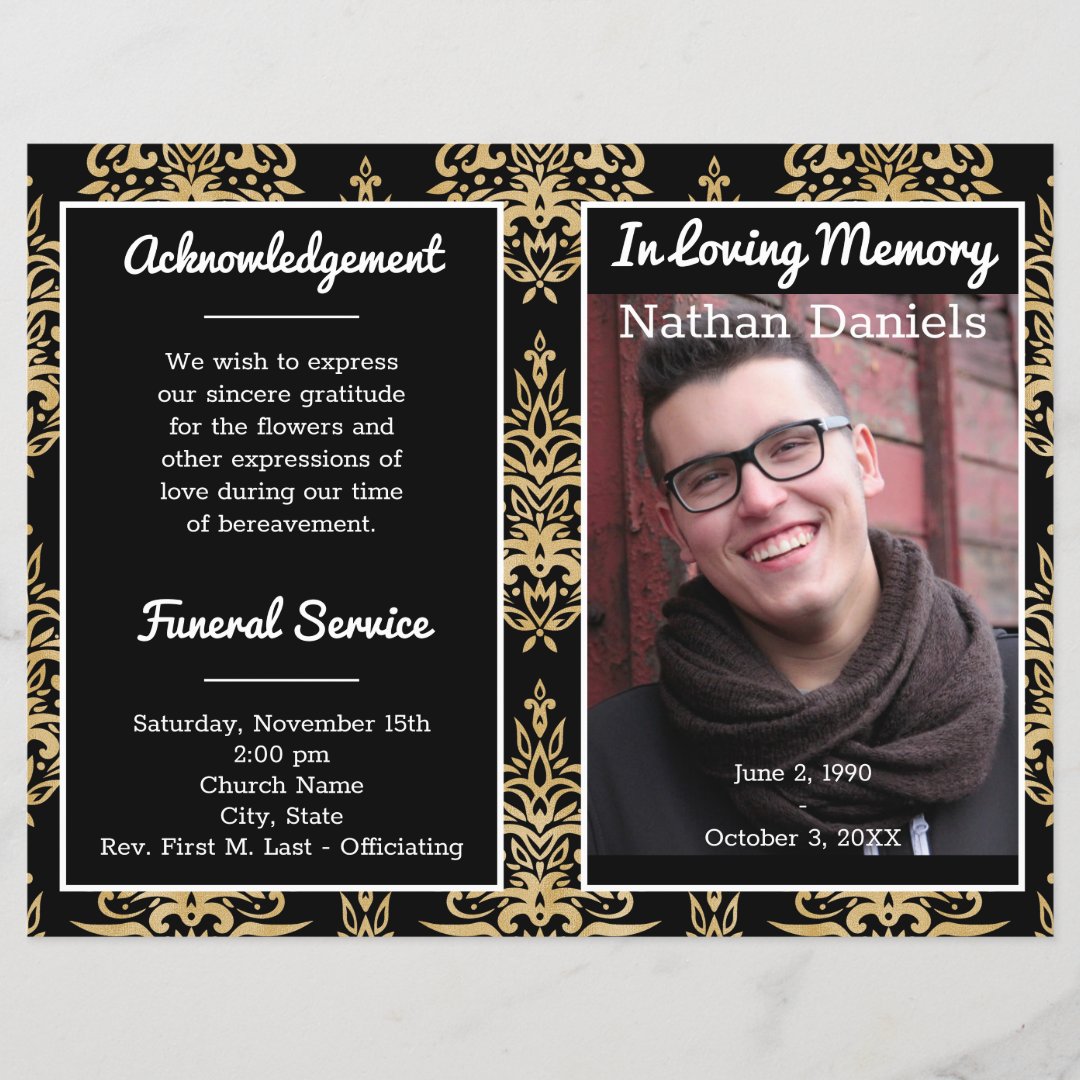 Black And Gold Damask Photo Funeral Program | Zazzle
