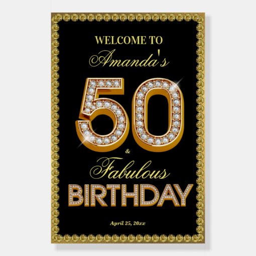 Black and gold diamonds 50th birthday welcome sign | Zazzle