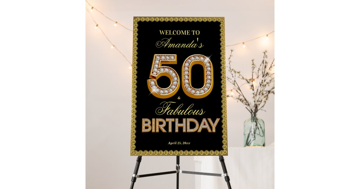 Black and gold diamonds 50th birthday welcome sign | Zazzle