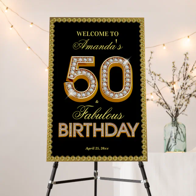 Black and gold diamonds 50th birthday welcome sign | Zazzle
