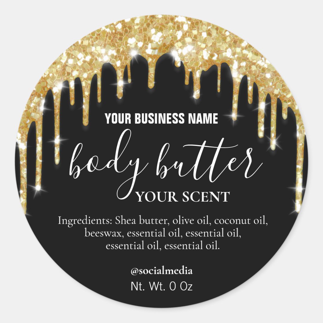 Black And Gold Dripping Glitter Body Butter Labels | Zazzle