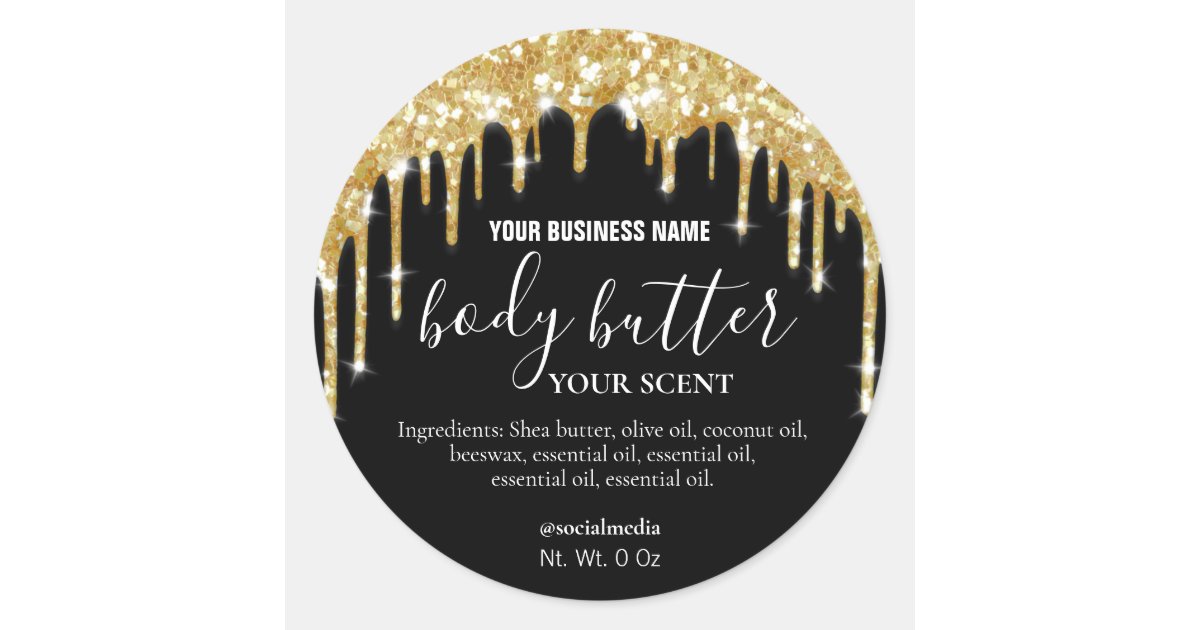 Black And Gold Dripping Glitter Body Butter Labels | Zazzle