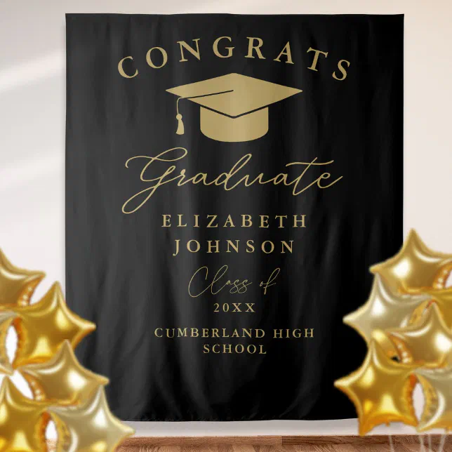 Black And Gold Elegant Graduation Photo Backdrop | Zazzle