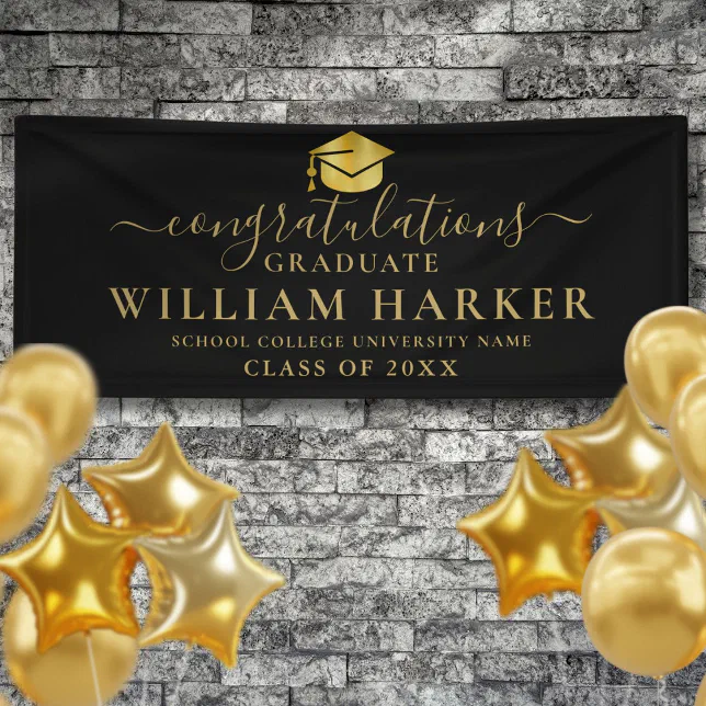 Black And Gold Elegant Modern Script Graduation Banner | Zazzle