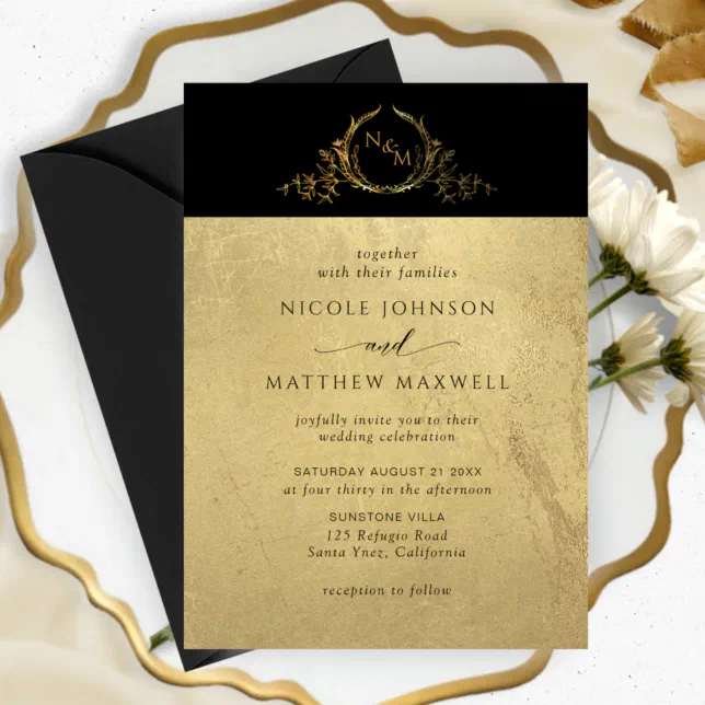 Black and Gold Elegant Monogram Wedding Invitation | Zazzle