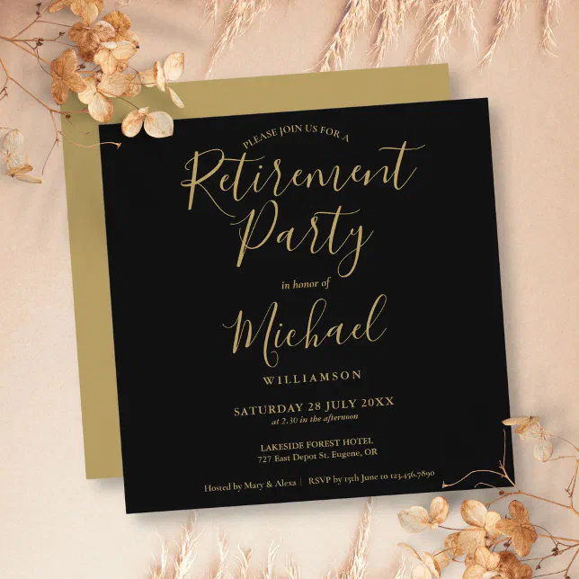 Black And Gold Elegant Script Retirement Party Invitation | Zazzle