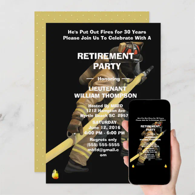 Black and Gold Firefighters Retirement Party Invitation | Zazzle