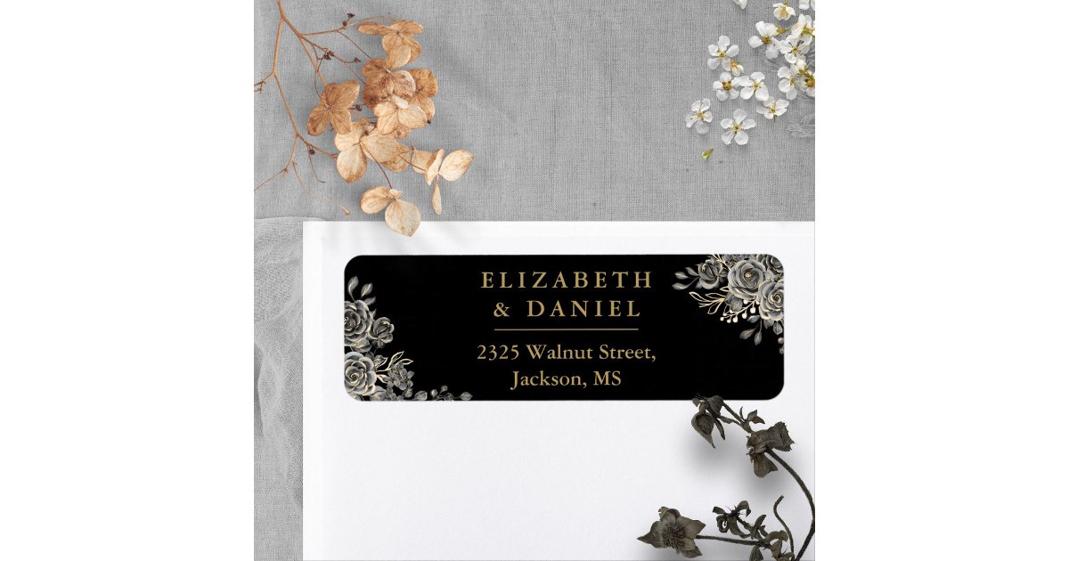 Black And Gold Floral Roses Gothic Return Address Label | Zazzle