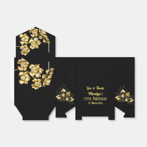 Black and gold flowers birthday party personalized favor boxes | Zazzle