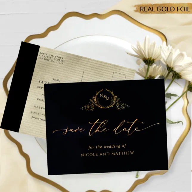 Black and Gold Foil Wedding Save the Date Postcard | Zazzle