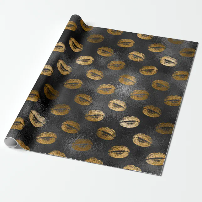 Black and Gold Glam Lips Pattern Wrapping Paper | Zazzle