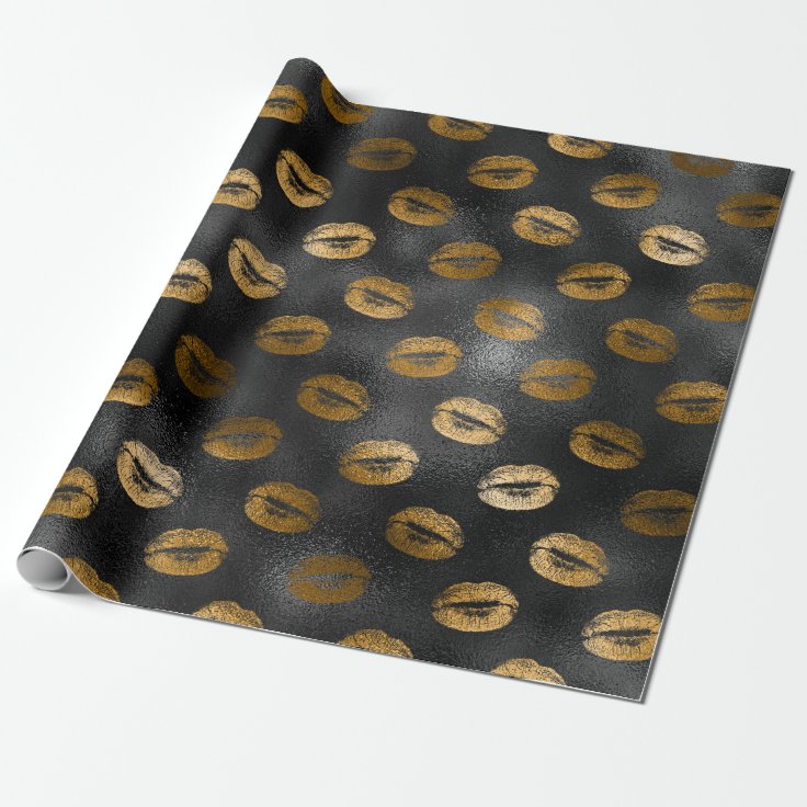 Black and Gold Glam Lips Pattern Wrapping Paper | Zazzle