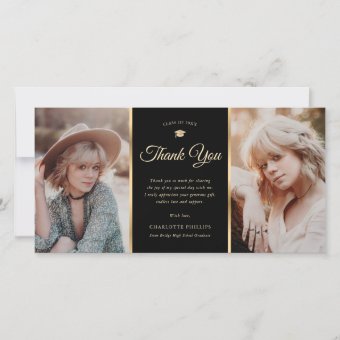 Black and Gold Glitter 2 Photo Graduation Thank You Card | Zazzle