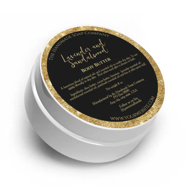 Black and Gold Glitter Body Butter Jar Label | Zazzle