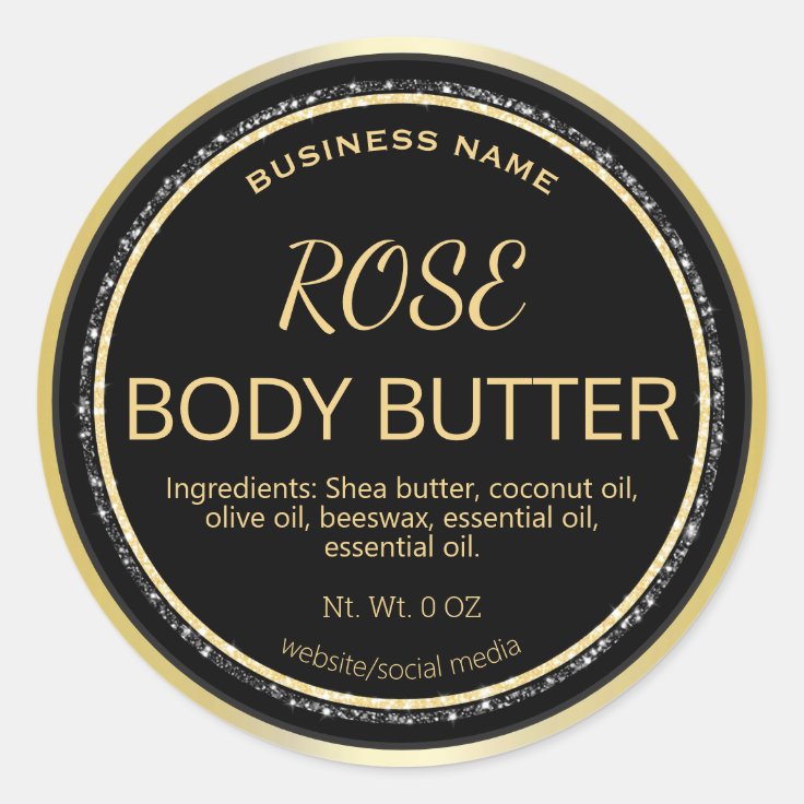 Black And Gold Glitter Body Butter Product Labels | Zazzle