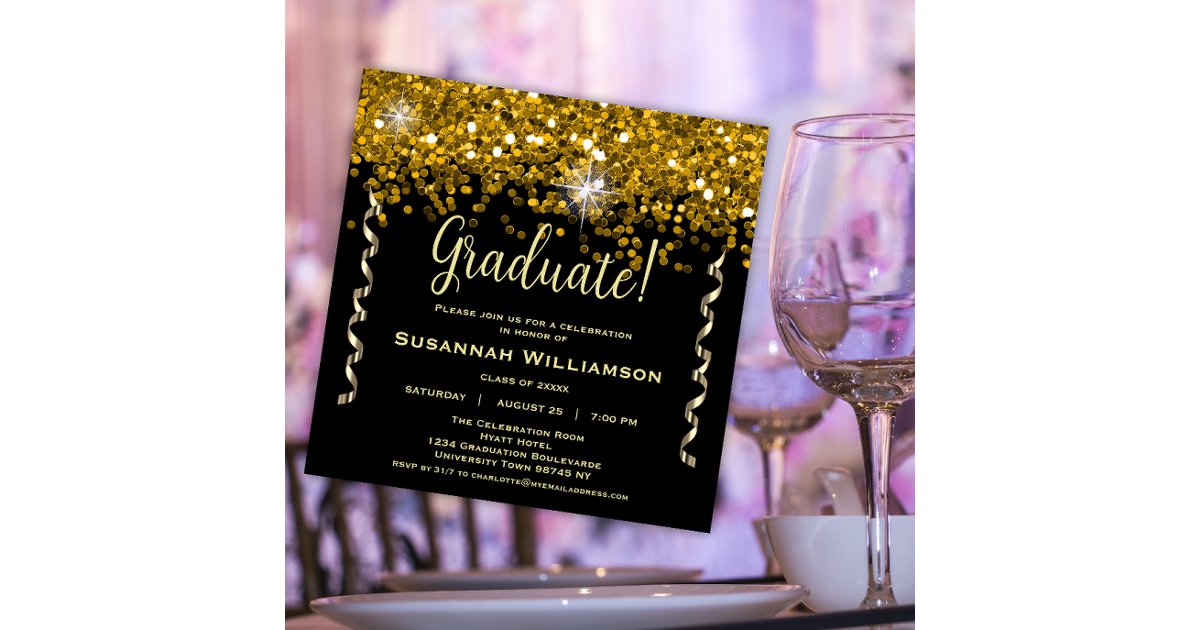 Black and Gold Glitter Graduation Invitation | Zazzle
