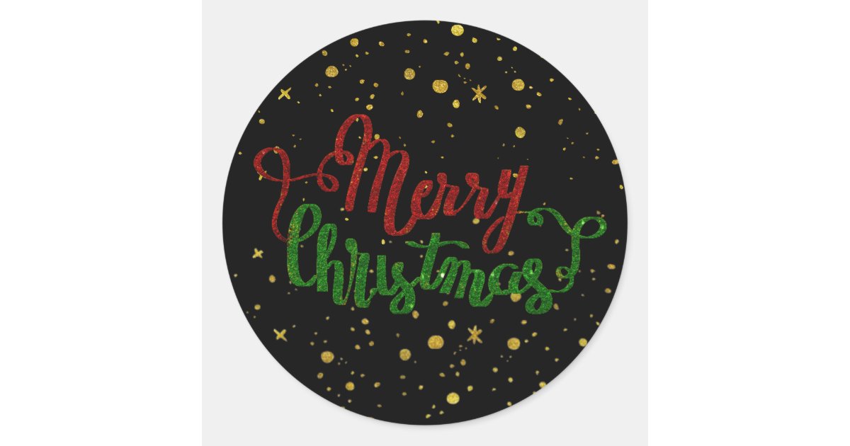 Black And Gold Glitter Merry Christmas Classic Round Sticker | Zazzle