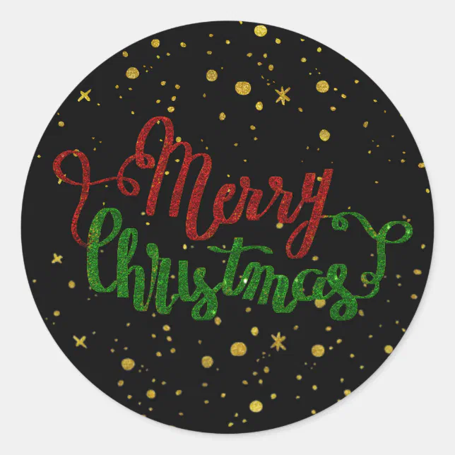 Black And Gold Glitter Merry Christmas Classic Round Sticker | Zazzle