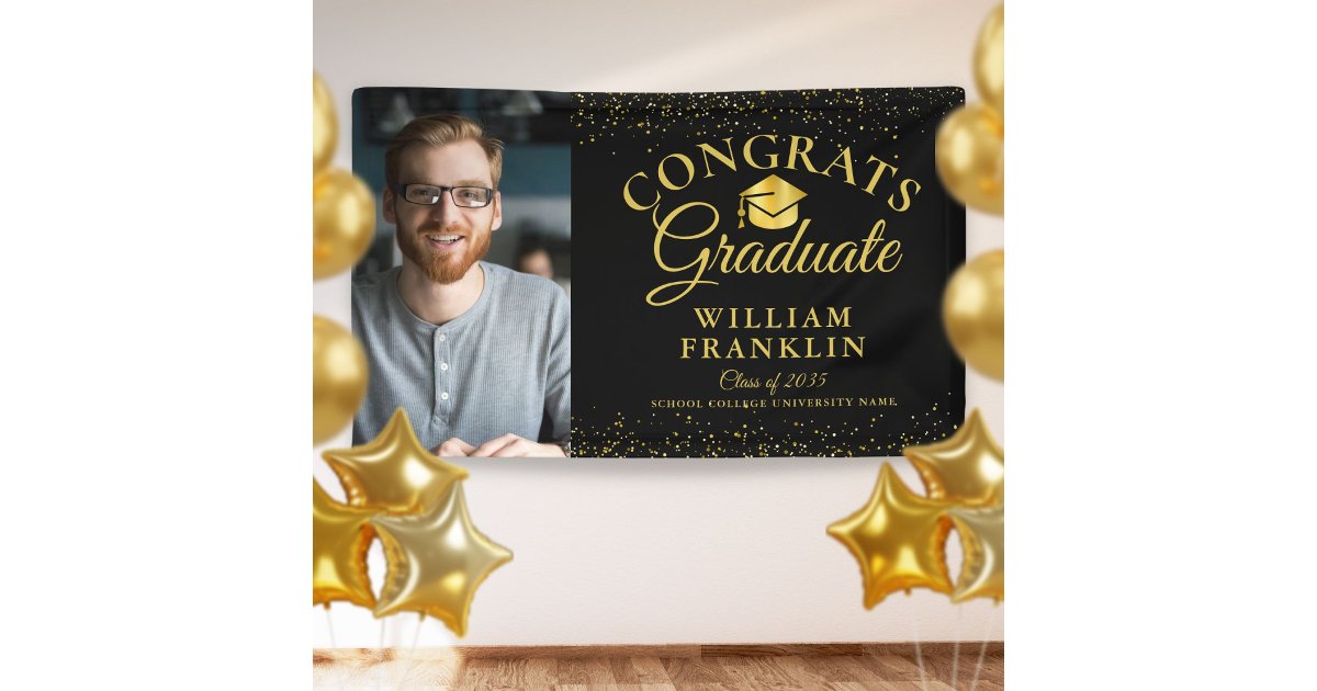 Black And Gold Glitter Modern Photo Graduation Banner | Zazzle